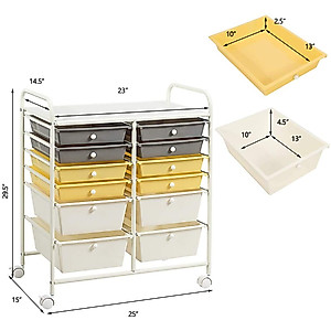 Moccha 12 Drawer Rolling Storage Cart, Utility Cart with Wheels, Tools Scrapbook Paper Organizer, 2 Sizes of Drawers, Multipurpose Lightweight Cart for School, Office, Home, Beauty Salon (Yellow)