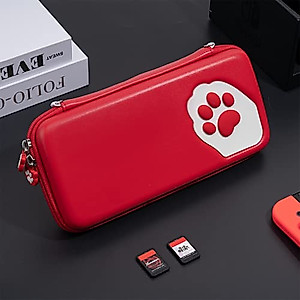 Geekshare Cute Cat Paw Case Compatible with Nintendo Switch/Switch OLED - Portable Hardshell Slim Travel Carrying Case fit Switch Console & Game Accessories - A Removable Wrist Strap (Red)