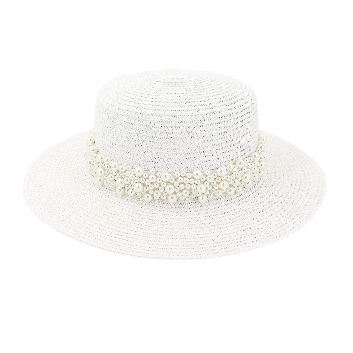 ADAHOP Women Travel Sun Hat Flat Outdoor Travel Straw Pearl Weaving Belt Hat Beach Top Hat Cap for Women White