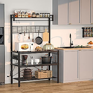 Bakers Rack with Power Outlet, 4-Tier Microwave Oven Stand, Coffee Bar Station with 10 Hooks, Large Kitchen Storage Shelf with Hutch, Black