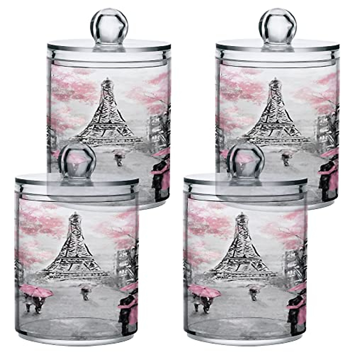 ALAZA Paris Eiffel Tower Artwork 2 Pack Qtip Holder Dispenser with Lid 14 Oz Clear Plastic Apothecary Jar Containers Jars Bathroom for Cotton Swab, Ball, Pads, Floss, Vanity Makeup Organizer