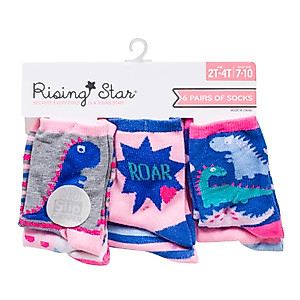 Dinosaur 6 Pack Toddler Socks for 4T-5T - Features Dinosaur Patterns on in Blue, Pink, and White