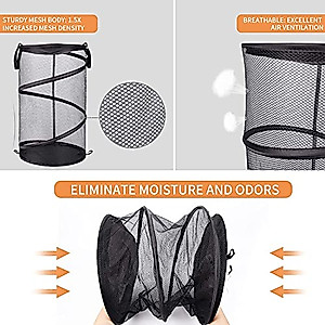Collapsible Mesh Popup Laundry Hamper, Foldable Dirty Clothes Basket w/Strong Carry Handles/Solid Bottom/High Carbon Steel Frame/Storage Bag, Great for Kids Room/College Dorm/Travel, Round, Black
