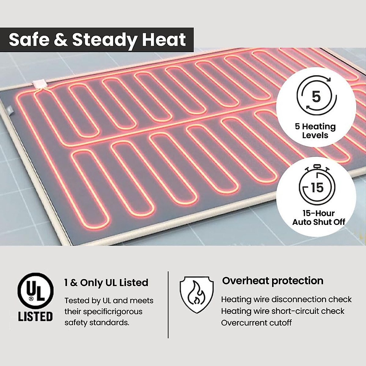 Heated Mattress Pad, Machine Washable, Auto 15 Hours Shut Off, 5 Heating Setting, Radiation Blocking, Wicking AeroSilver Material, Bed Warmer with Dual Controller, UL Listed (Double)