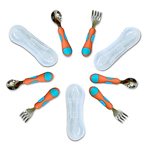 Toddler Utensils - Kids Silverware Set with Travel Case x 3 - Stainless Steel Forks Spoons for 1 2 3 4 Year Old. Metal Lunch Cutlery for Children Girls, Round Handle for Lunch-Box, 6 Pieces Pink Blue