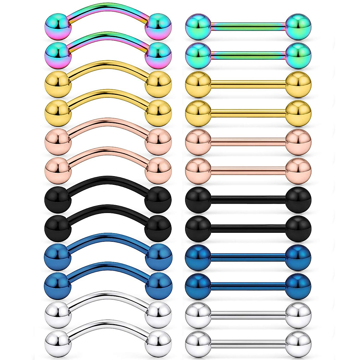 Hoeudjo 24 Pcs Nipple Rings 14G Curved Barbell Snake Eyes Tongue Ring Piercing Jewelry 316L Surgical Steel Nipplering Barbell 12mm Silver-tone Black Rose Gold