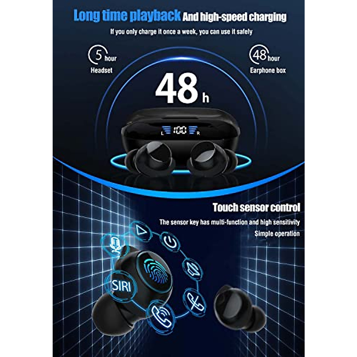 True Wireless Earbuds Bluetooth 5.3 Ear buds for iPhone Android TWS Waterproof IPX7 Earbuds in Ear Headphones for Sports Workout Running Gym Wireless Bluetooth Deep Bass Earphones with Microphone