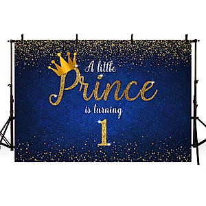 MOHOFOND Prince Boy 1st Birthday Decoration Backdrop Gold Crown Glitter Star A Little Prince is Turning 1 Blue Photography Background Banner of Cake Table Studio Photo Props 7x5ft