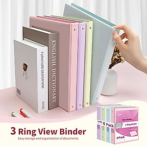 SUNEE 1/2 Inch Binders 3 Ring 4 Pack, Clear View Binder Three Ring PVC-Free (Fit 8.5x11 Inches) for School or Office Supplies, Assorted Pastel Binder