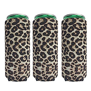 3pcs Neoprene Slim Can Sleeves Covers Collapsible Beer Beverage Coolers for 12oz Slim Energy Drink,Beer,Bottle (Leopard)