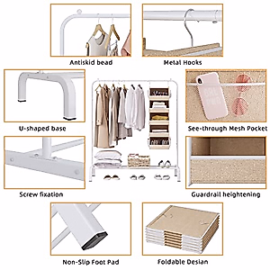 JIUYOTREE Metal Clothing Rack with Hanging Closet Organizer, 43.3 Inches Clothes Garment Coat Rack with Bottom Shelf, Clothing Rack for Hanging Clothes, Coats, Skirts, Shirts, Sweaters, White