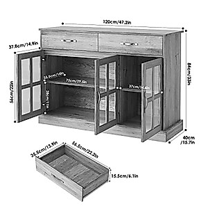 FOTOSOK Sideboard Buffet Cabinet with Glass Doors, Buffet Sideboard Kitchen Sideboard Cabinet Buffet Table with 2 Storage Drawers & Shelves for Dining Living Room, Gray Oak