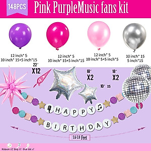Pink purple silver music fans Balloon garland arch kit 140pcs disco ball Star mylar balloon & singer friendship Bracelets Shape Banner for girl sweet16 birthday Concert theme prom decorations