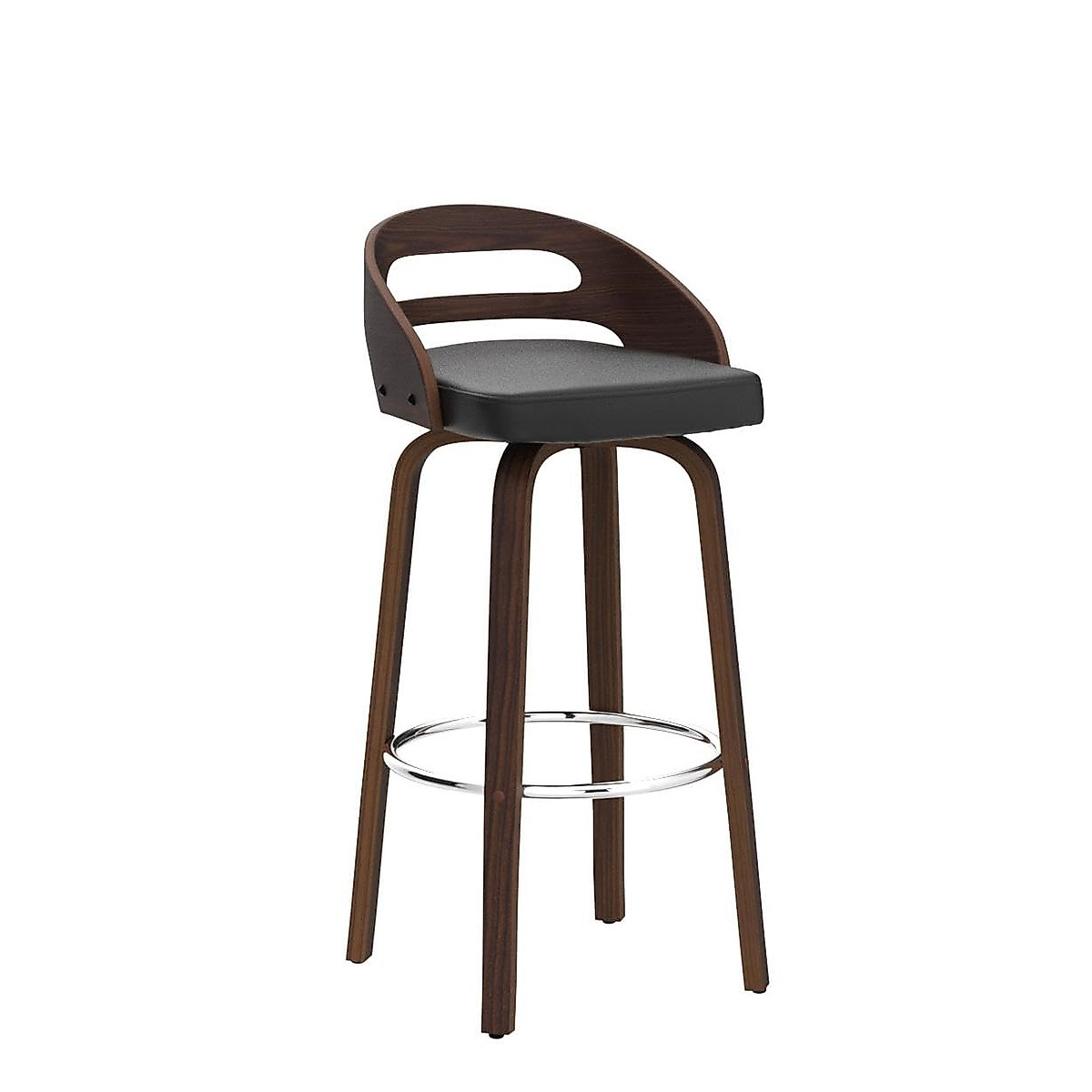 Bar Stools Set of 2, Swivel Bar Height Stools with Walnut Bentwood, Low Back, Upholstered Faux Leather, Soft Cushion Seat, Mid Century Bar Stools for Kitchen/Island/Counter (Black, 30" Seat Height)