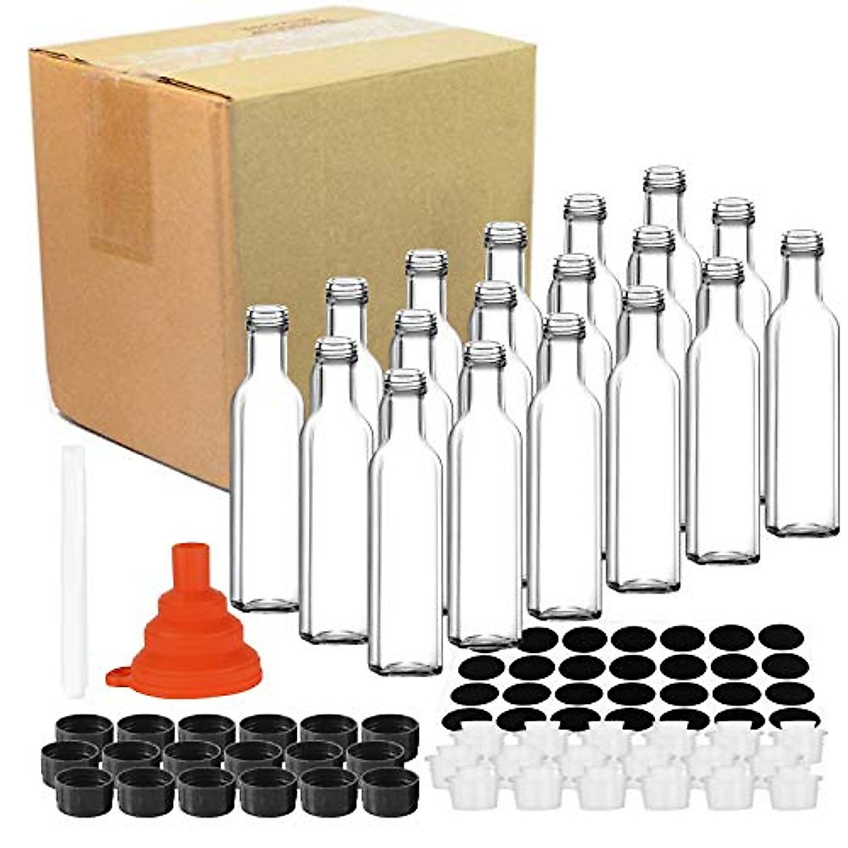 WERTIOO Hot Sauce Bottles, 18 Pack 8.5 OZ Quadra Bottles with Leak Proof Screw Caps, Glass Square Bottles With Caps Shrink Capsules for Oil, Vinegar, Syrup, Salad Dressing, Juicing