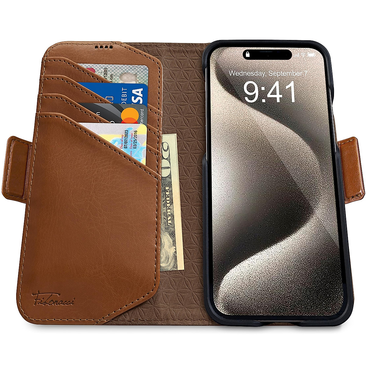 Dreem Fibonacci Wallet Case for iPhone 15 Pro Max | 2-in-1 Detachable Vegan Leather Cover with Built-in Kick-Stand, RFID Blocking Card Holder, MagSafe Compatible [Chocolate]