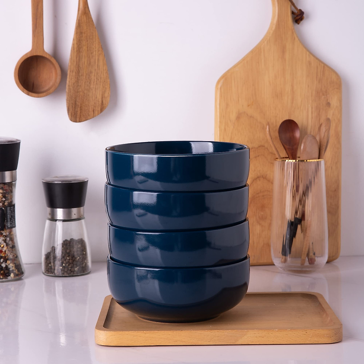 AmorArc Stoneware Cereal Bowls Set for kitchen, 22oz Ceramic Soup Bowls Set of 4 for soup cereal snacks meal, Microwave&Dishwasher Safe, Navy Blue