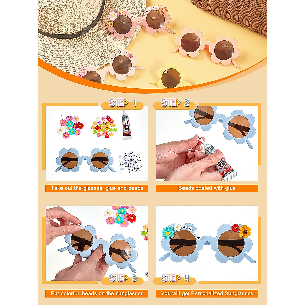 Tigeen 10 Pairs 5.71in Adult Flower Sunglasses Glasses UV Protection Glasses with 50 Daisy Charms 200 Random Letter Beads(Trendy Colors)