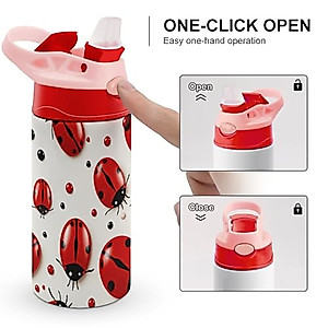 Stainless Steel Water Bottles Red Ladybug Travel Water Cups with Handle And Silicone Straw Drinking Cup with Leak Proof Lid Thermo Travel Mug for Women Men