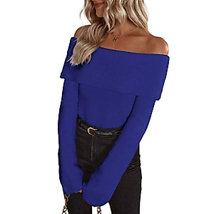 Labolliy Women Off Shoulder Fold Over Long Sleeve Sweaters Casual Solid Ribbed Knit 2023 Fall Pullover Jumper Tops Royal Blue