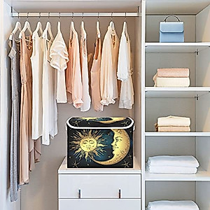 Krafig Boho Chic Golden Sun Moon Foldable Storage Box Large Cube Organizer Bins Containers Baskets with Lids Handles for Closet Organization, Shelves, Clothes, Toys