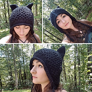 Bellady Winter Cute Cat Ears Knit Hat Ear Flap Crochet Beanie Hat, Black