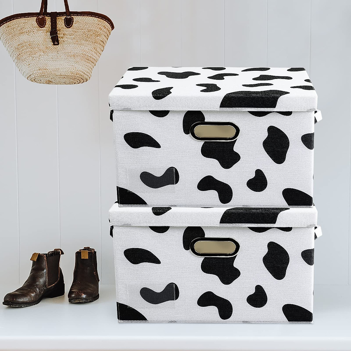 ANMINY 2PCS Large Storage Bins Cow Print Foldable Cotton Linen Lidded Box Basket Cubes Set with Removable Lids PP Plastic Board Handles Label Window Home Closet Shelf Clothes Toys Organizer Containers
