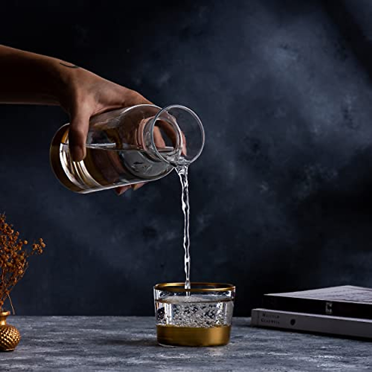 GARIZZE Bedside Water Carafe and Glass Set for Bedroom, Bedside Carafe and Glass Set, Mouthwash Decanter for Bathroom, Water Carafe with Glass Cup for Nightstand (24-oz/7-oz) (GOLD)