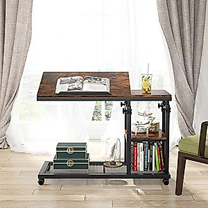 Tribesigns Height Adjustable C Table with Wheels, Mobile Couch Snack Side Table with Tiltable Drawing Board, Sofa Bedside Laptop Stand C Shaped TV Tray with Storage Shelves (Brown)