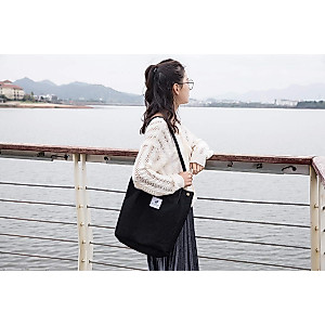 Belsmi Womens Ladies 13 Inches Corduroy Tote Bag (Black)