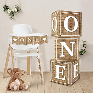 Neutral Burlap Print ONE Boxes for 1st First Birthday Decorations, Large 3Pcs Rustic Boho ONE Sign Boxes with Letters and ONE High Chair Banner