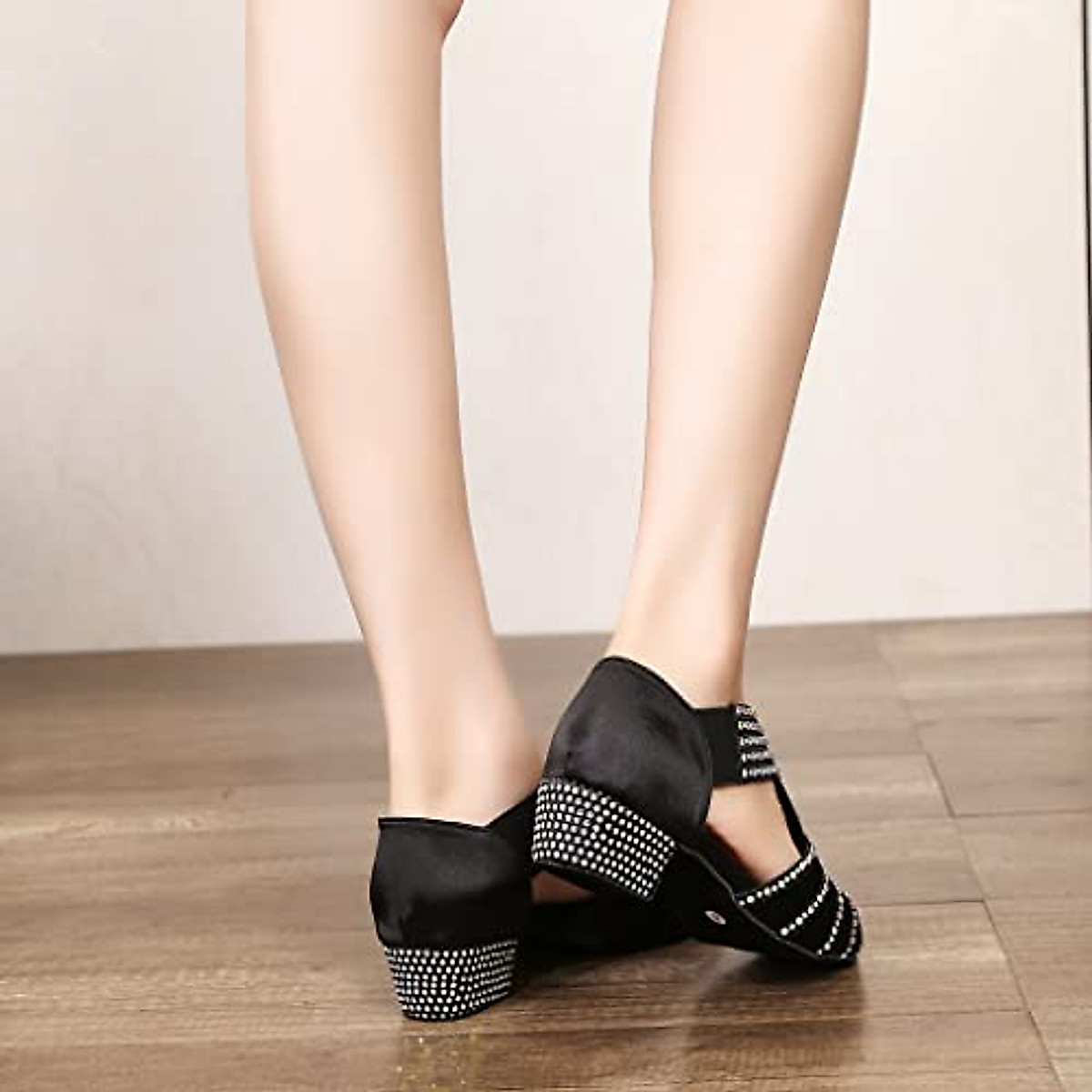 YYTing Half Rhinestones Ballroom Dance Shoes Women Latin Salsa Practic Wedding Indoor Crystal Suede Footwear 1.5in Heels YT17(6,Black)