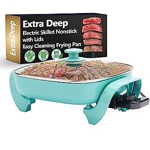 Electric Skillet Ceramic Nonstick 5QT - 12" Square with Glass Lid, Adjustable Temperature Control, Dishwasher Safe, Turquoise, Nozaya