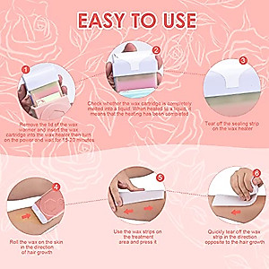 Roll On Waxing Kit, Depilatory Roll On Wax Warmer for Hair Removal with 2 Rose Cartridges Refill 10 Wax-removing Wipes and 100pcs Wax Strips, At Home Waxing Kit for Women and Men