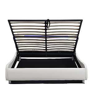 Low Profile Upholstered Platform Bed with LED Lights Headboard, Hydraulic Lifting Under Bed Storage, Modern Curved PU upholstered Low Profile Platform Bed Frame for Kids Teens Adults (White, Full)