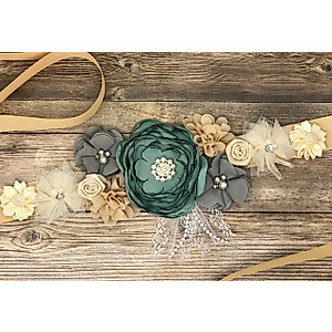Sage Forest Green Flower Belt Sash Bridal Maternity Belly Band Brown Gray Flowers Baby Shower Gender Reveal Keepsake Gift