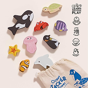 Le Toy Van - Wooden Toys - Petilou Baby & Toddler - Ocean Animal Building Blocks Stacker & Bag - Educational Balancing Activity Toy - Wooden Blocks Aquatic Animal Toys - Kids Toys Age 18 Months+