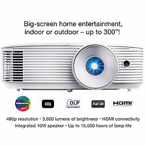 Optoma SH360 Affordable Home Projector | Indoor or Outdoor Movies, Up to 300" | 480p Ready | Bright 3600 Lumens | Compatible with Fire Stick, Roku & More | Integrated Speaker | Up to 15,000hr Lamp