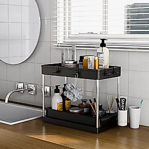 BuyBuyQUEEN 2 Pack Under Sink Organizers and Storage,2 Tier Kitchen Sink Organizer,Under the Sink Pull Out Cabinet Organizer with 4 Hooks Sliding Shelf for Bathroom Organization