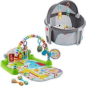 Fisher-Price Portable Bassinet and Travel Play Area with Baby Toys, On-The-Go Baby Dome, Windmill Fisher-Price Baby Gym with Kick & Play Piano Learning Toy Featuring and 2 Soft Maracas Rattle Toys