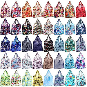 40 Pcs Reusable Grocery Bags Foldable Reusable Shopping Bags Polyester Heavy Duty Tote Bags with Attached Pouch and Handles Waterproof Washable Grocery Tote Practical Gifts for Women Men, 40 Styles