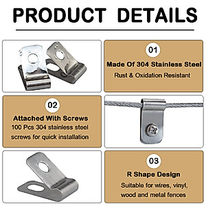 Wire Fence Clips 100 Pcs Fence Wire Clamps Stainless Steel Fencing Mounting Clips with 100 Pcs Stainless Steel Screws for 12-16 Gauge Welded Wire to Wood, Metal or Vinyl Fence (100 PCS)