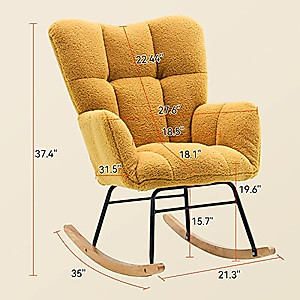 Nursery Rocking Chair Teddy Fabric Padded Seat with High Backrest and Armrest Accent Chair Upholstered Armchair Single Sofa Accent Glider Rocker for Living Room Bedroom Offices (Yellow Teddy)