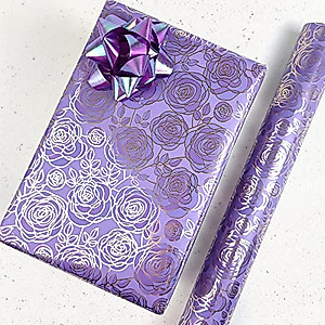 LDGOOAEL Mini Short Small Wrapping Paper Roll - Reversible Design (17" X 120") - Purple Rose with Metallic Gold Foil for Holiday, Mothers Day, Birthday, Wedding, Baby Shower