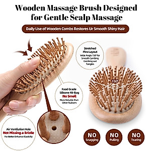 vklw Wooden Hair Brush and Comb, One-piece Design, Reduce Frizz and Static, Massage Scalp, Detangling Paddle Hairbrush for Women, Girls, Kids, Includes Cleaning Claw, 5 Wood Bristles