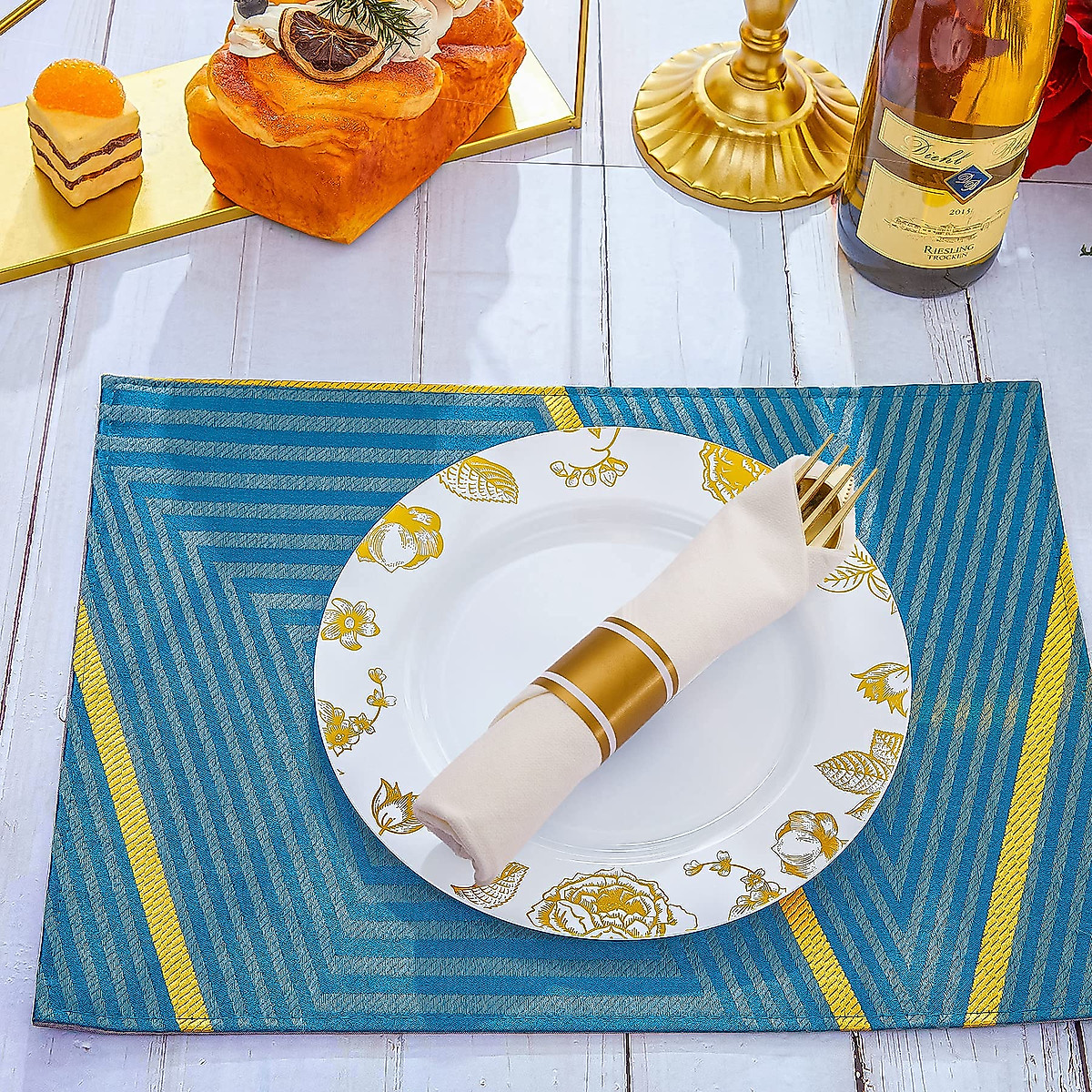 N9R 50 Pack Pre Rolled Gold Plastic Cutlery Set, Wrapped Plastic Silverware Set with 50 Forks, 50 Knives, 50 Spoons and 50 Napkins, Disposable Cutlery Set for Party and Wedding