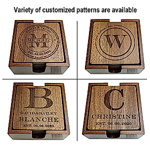 Personalized Coasters, Custom Engraved Wood Coasters for Drinks, Monogram Coasters with Holder, Wedding Gifts, Parents Gifts (M)