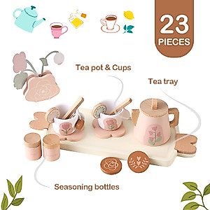 Wooden Tea Party Set for Little Girls, Toddler Tea Set Toy Pretend Play Kitchen Accessories, Wooden Play Food Set for 3 4 5 6 Years Old Boys Girls