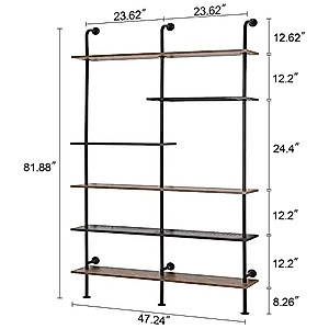 HOMISSUE Industrial Bookshelf 6-Tier Open Wall Mount Ladder Bookshelf, Modern Bookcase with Metal Frame and Wood for Home Office, Wall Mounted Industrial Iron Pipe Shelf, Brown
