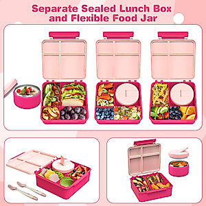 Pawtong Bento Lunch Box with 8oz Soup Thermo, Kids Leakproof Lunch Food Containers with 4 Compartment, Kids Thermo Insulated Hot Food Jar for School, Trvael - (Pink)